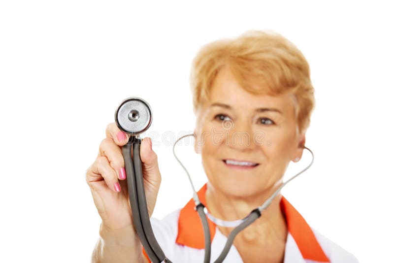 Smile Elderly Female Doctor Holding Stethoscope Stock Image - Image of ...