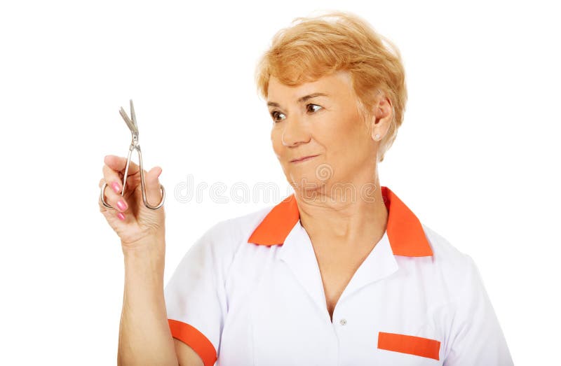 Smile Elderly Female Doctor or Nurse Holding Scissors Stock Photo ...
