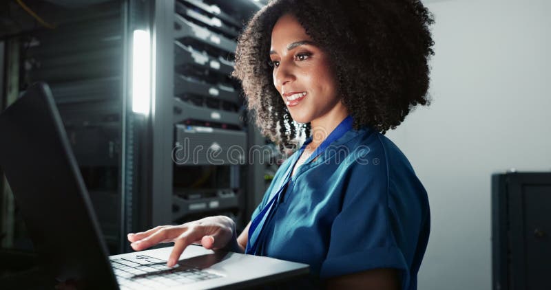Smile, Engineer and Woman on Laptop in Data Center for Cyber Security ...