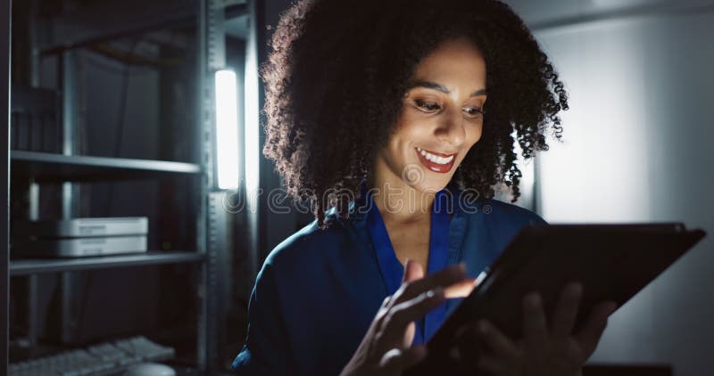 Smile, Engineer and Woman on Laptop in Data Center for Cyber Security ...