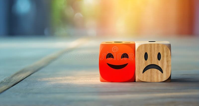Smile Face in Bright Side and Sad Face in Dark Side on Wooden Block ...