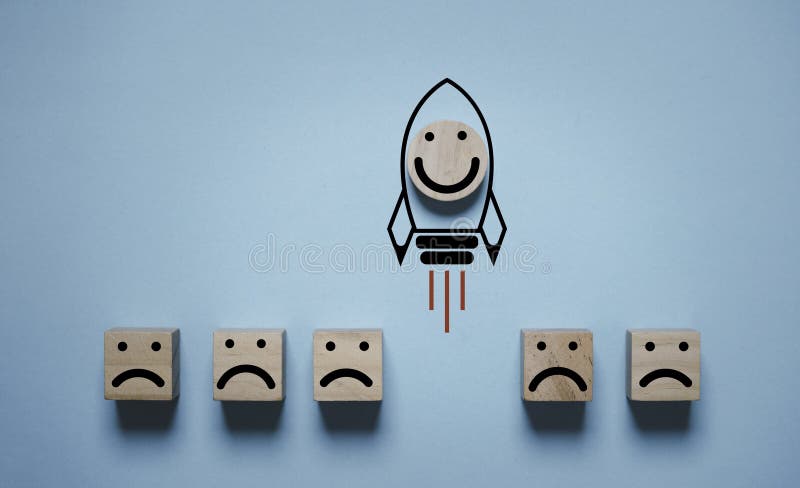 Smile Face Icon Inside Rocket Missile Rising from Sad Face Icon for ...
