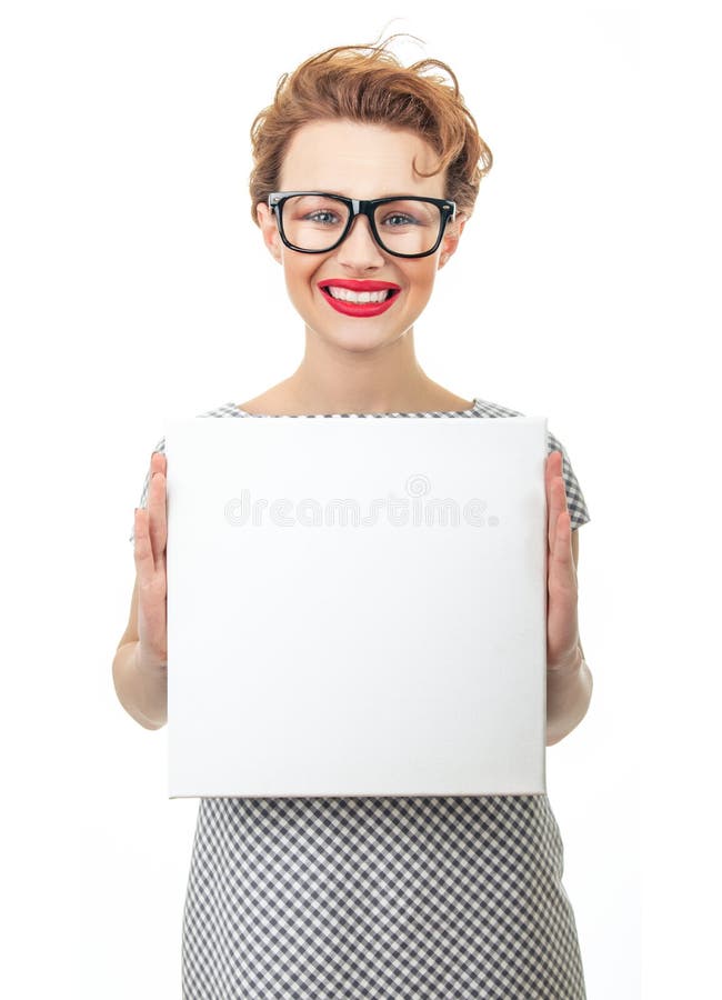 Smile Female Holding Empty White Board Stock Photo - Image of ...