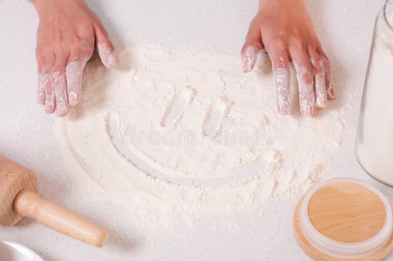 Smile on Flour, Done by Woman Hands. Stock Image - Image of cereals ...