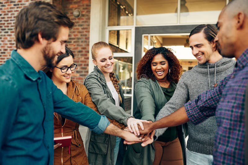 Smile, Group and Students with Hands Stack for Support at University ...