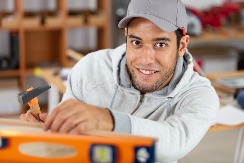 Smile and Happy Woodworker in Carpentry Stock Photo - Image of hipster ...