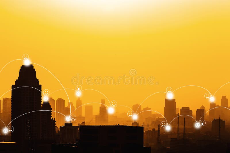 Smile Icon with Map Pin and Network Connection in City. Business Stock ...