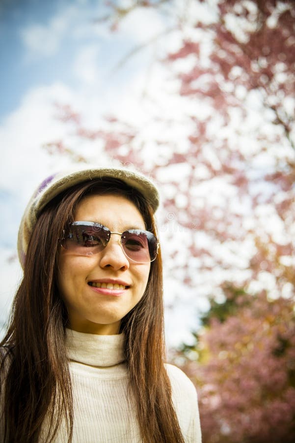 Smile Lady with Pink Cherry Flower Tree Stock Image - Image of park ...