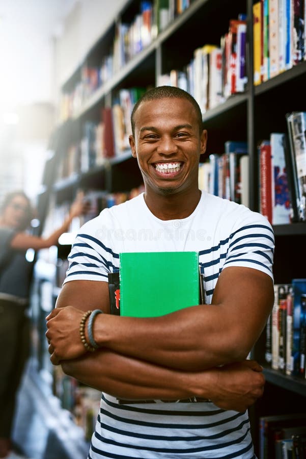 Smile, Library and Portrait of Black Man with Books for University ...