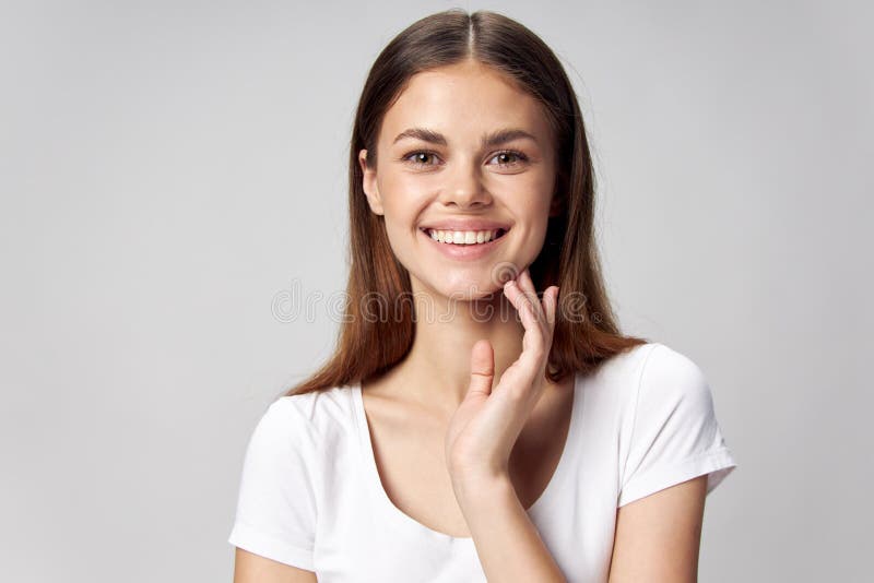 Smile Look Forward Hand Near Face Stock Image - Image of health, head ...