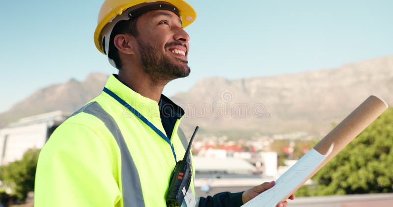 Smile, Man or Builder on Site for Floor Plan, Engineering Inspection or ...