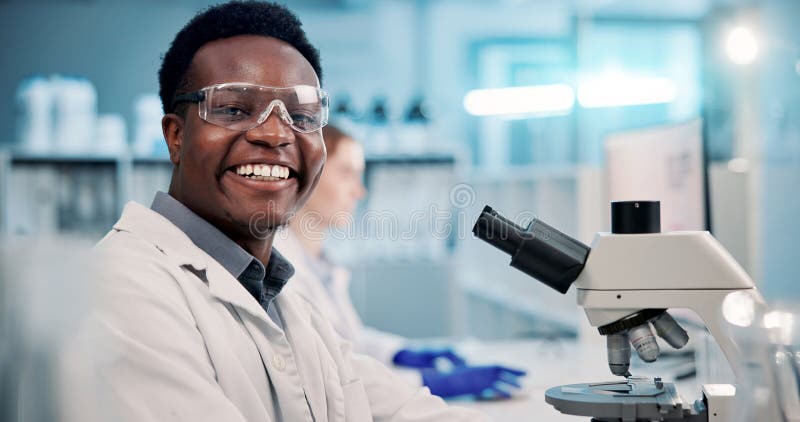 Smile, Microscope and Portrait of Man in Laboratory for Science ...