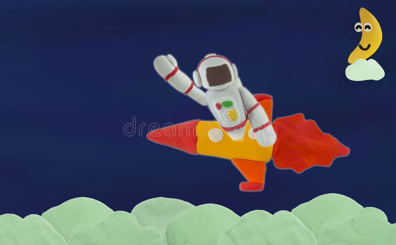 Smile Moon and Rocket with Astronaut Wave Hand Stock Illustration ...