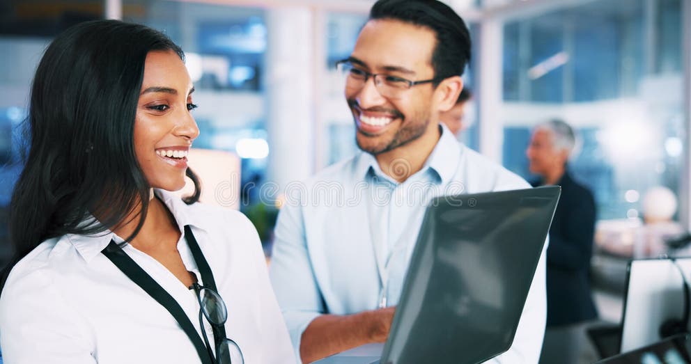 Smile, People and Developer with Laptop in Office of Programming, Coding Training and Check ...