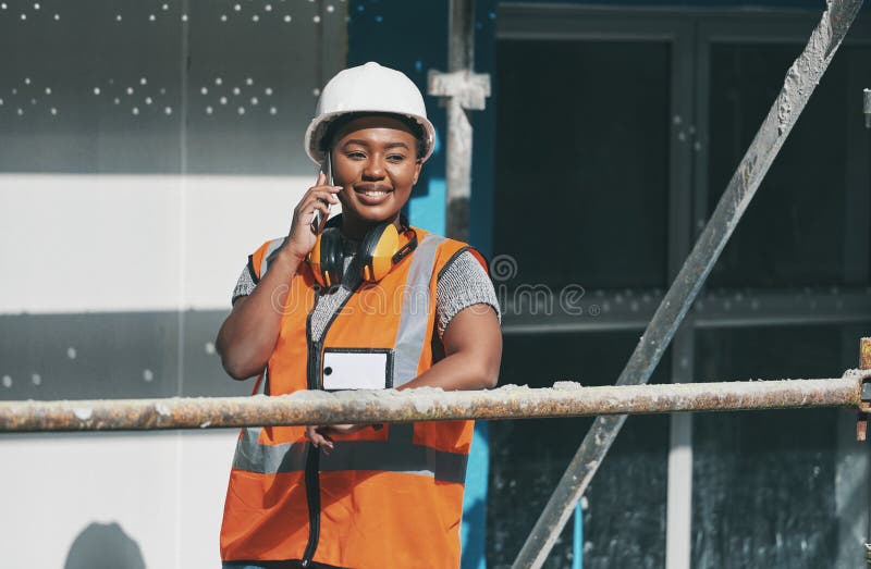 Smile, Phone Call and Black Woman on Construction Site with Building ...