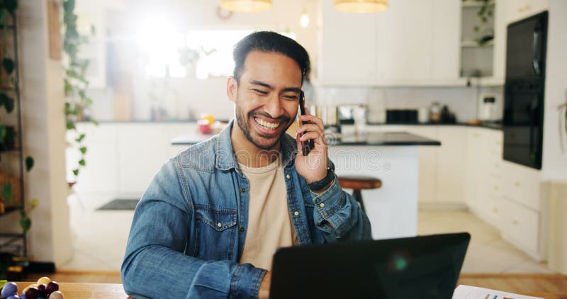 Smile, Phone Call and Man in Kitchen with Laptop Checking Social Media ...
