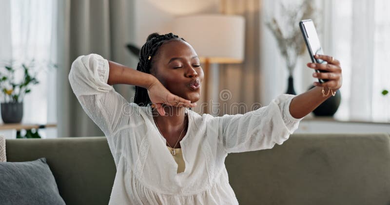Smile Selfie And Black Woman With Peace Sign Funny Face And Relax On