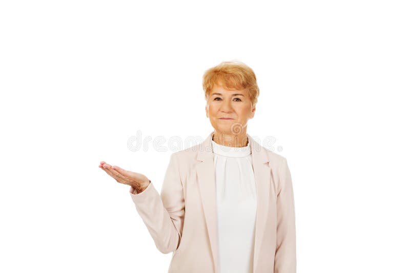 Smile Senior Woman Holding Something on Open Palm Stock Photo - Image ...