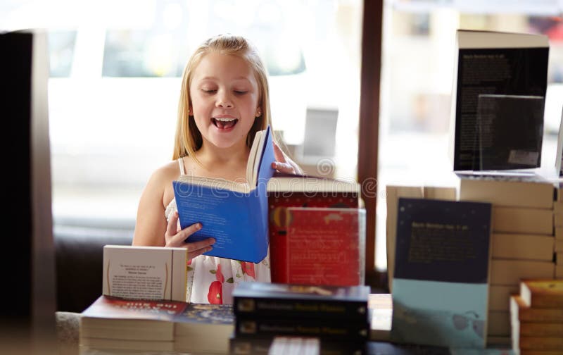 Smile, Stack of Books and Child in Bookshop, Learning and Relax ...