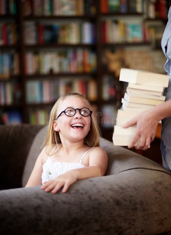 Smile, Stack of Books and Child in Library, Learning and Relax ...