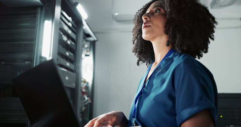 Smile, Technician and Woman on Laptop in Data Center for Cyber Security ...