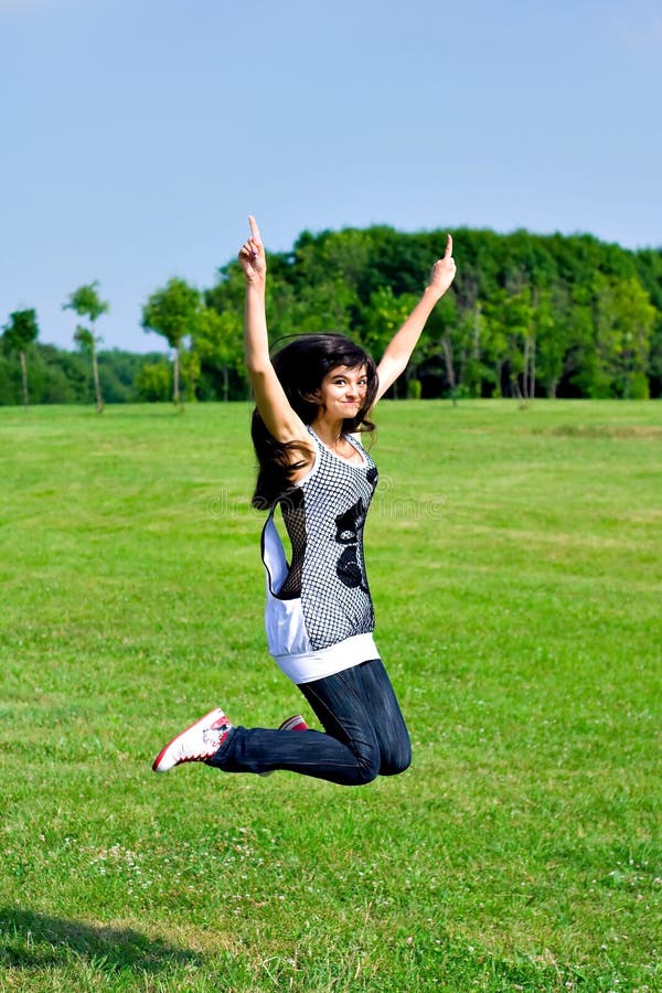 Smile Teen Open Hands Jumping Stock Photo - Image of brunette ...