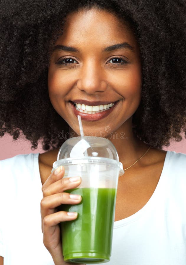 Smile Wellness And Portrait Of Woman With Green Juice For Detox