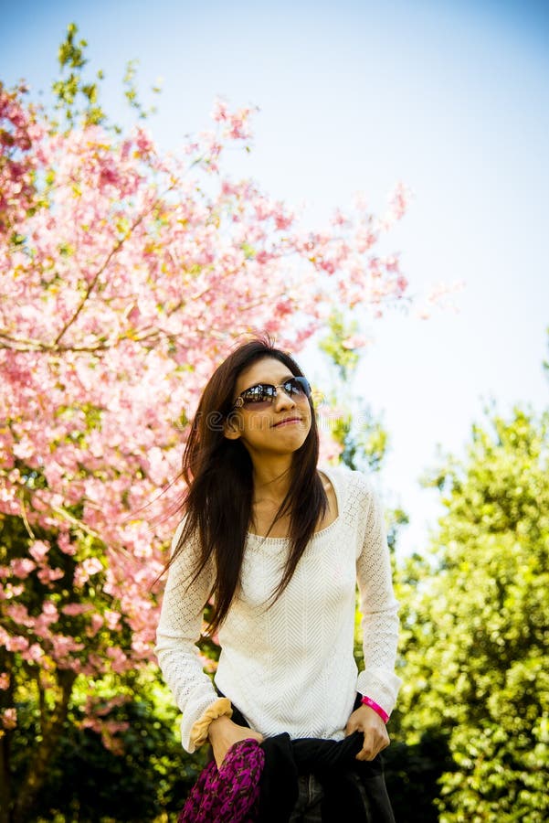 Smile Woman with Pink Cherry Flower Tree Stock Image - Image of ...