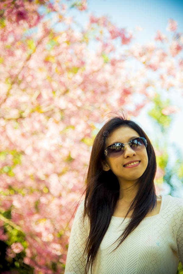 Smile Woman with Pink Cherry Flower Tree Stock Image - Image of flowers ...