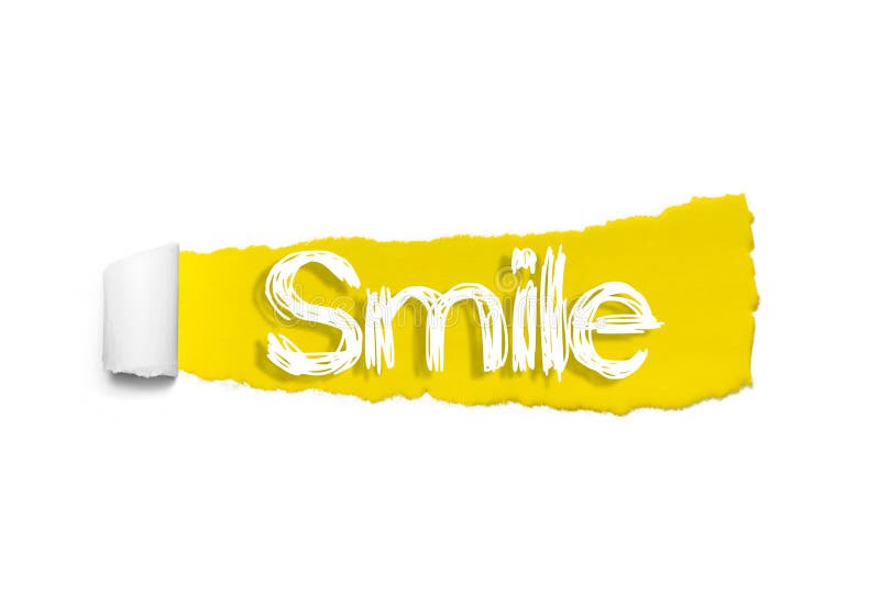 SMILE Word Written Under the Curled Piece of Yellow Torn Paper Stock ...