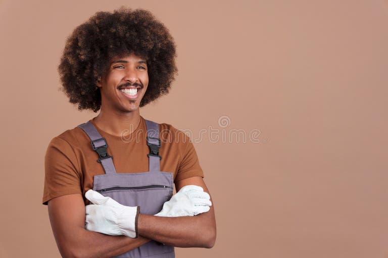Smiley African Man Carpentry Worker with Tools and Work Uniform Stock ...