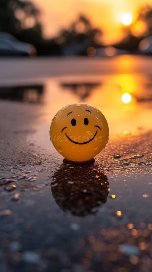 Smiley Face Ball on Wet Pavement during Sunset Stock Photo - Image of ...