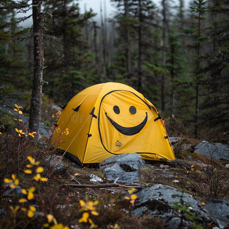 Smiley Face Camping in the Wilderness Stock Illustration - Illustration ...