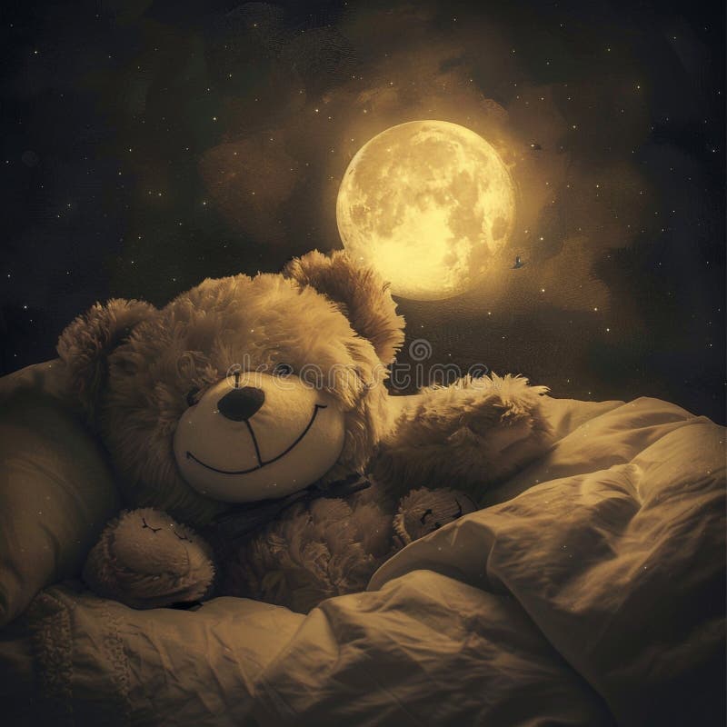 Smiley Face Cuddling Teddy Bear at Night Stock Illustration ...