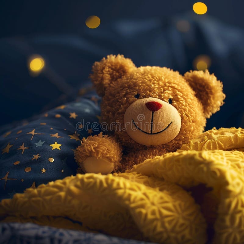 Smiley Face Cuddling Teddy Bear at Night Stock Illustration ...