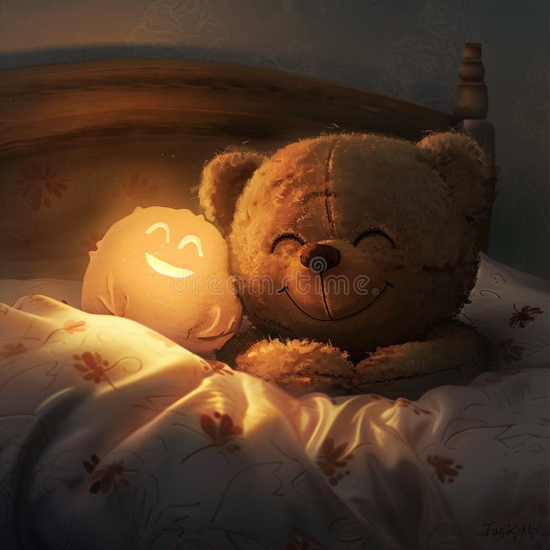 Smiley Face Cuddling Teddy Bear at Night Stock Illustration ...