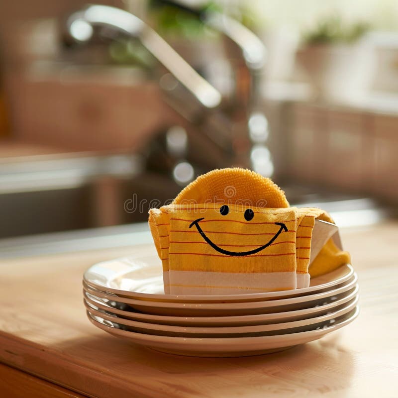 Smiley Face Drying Dishes with a Dishcloth Stock Illustration ...