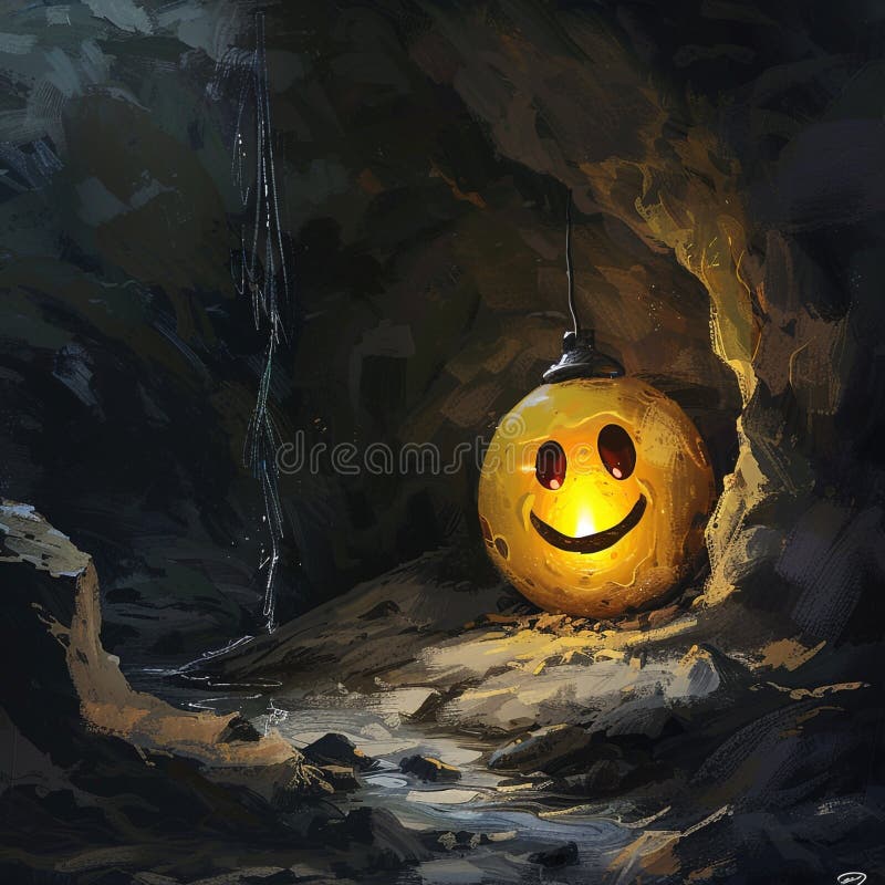 Smiley Face Exploring a Cave with a Lantern Stock Illustration ...