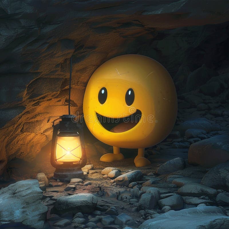 Smiley Face Exploring a Cave with a Lantern Stock Illustration ...