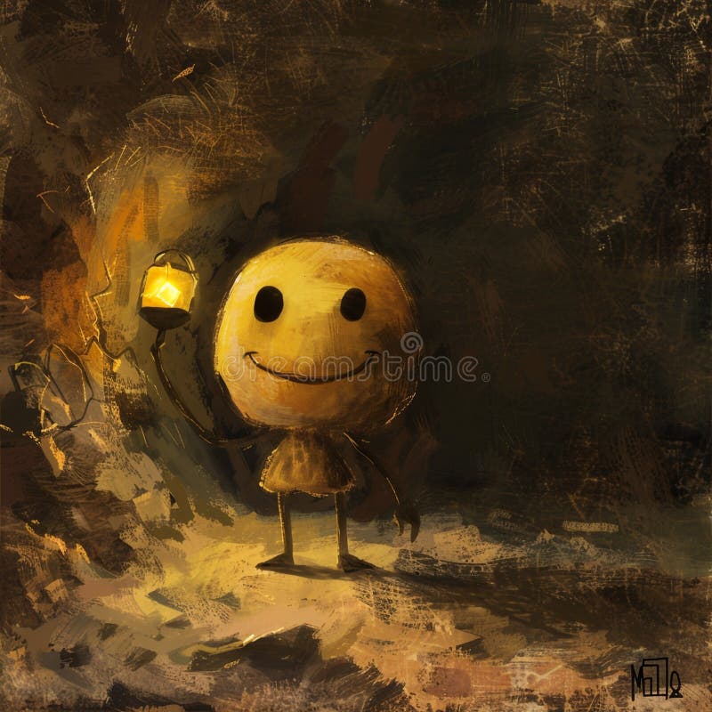 Smiley Face Exploring a Cave with a Lantern Stock Illustration ...