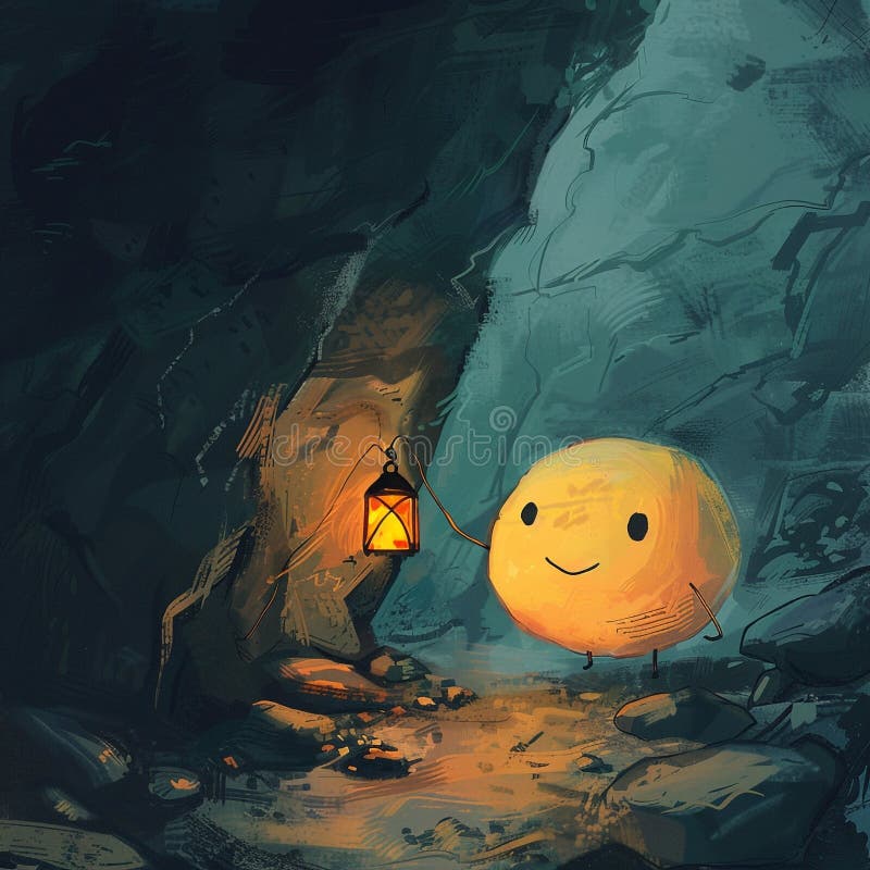 Smiley Face Exploring a Cave with a Lantern Stock Illustration ...