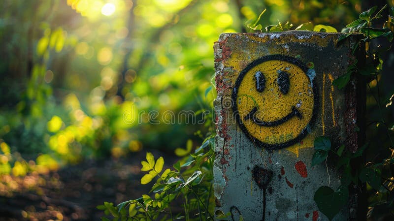 Smiley Face Graffiti Glowing Amidst Dense Green Foliage in a Sunlit ...