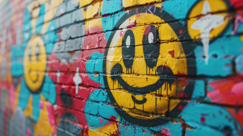 Smiley Face Graffiti on Painted Brick Wall Stock Illustration ...