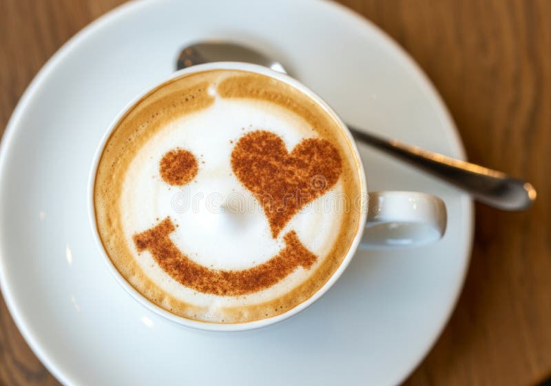 Smiley Face and Heart Latte Art in White Cup on Wooden Table Stock ...