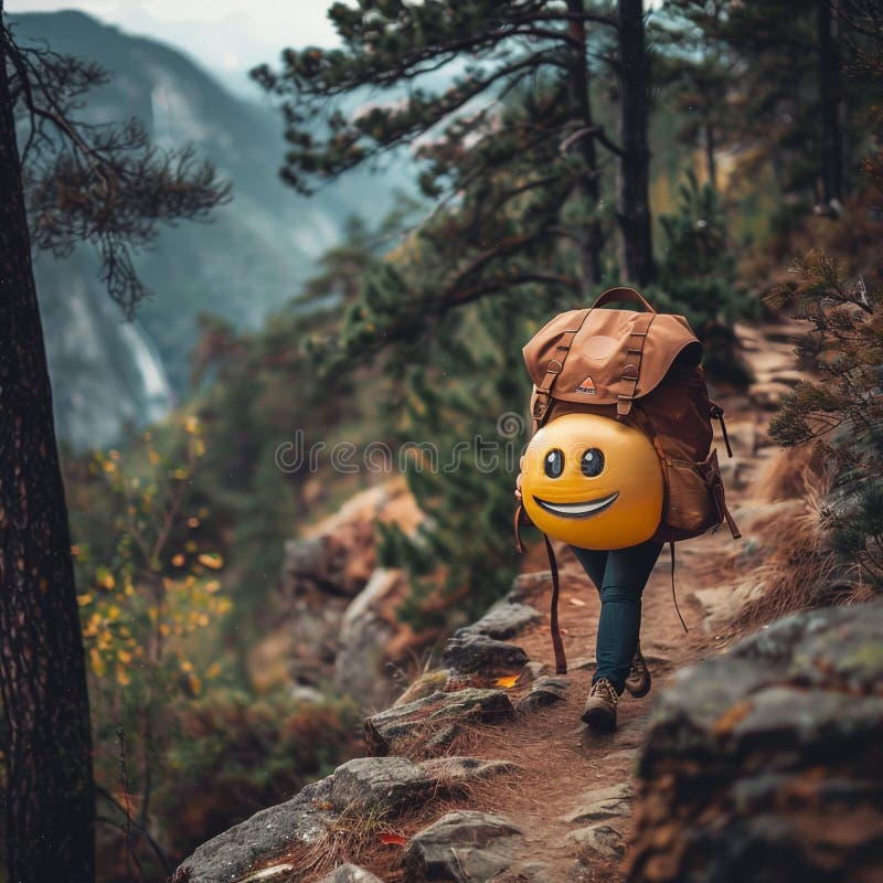 Smiley Face Hiking Mountain Trail with Backpack Stock Illustration ...