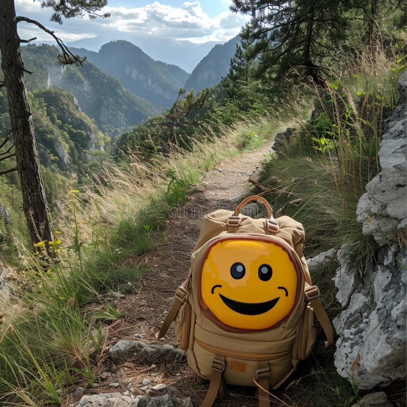 Smiley Face Hiking Mountain Trail with Backpack Stock Illustration ...