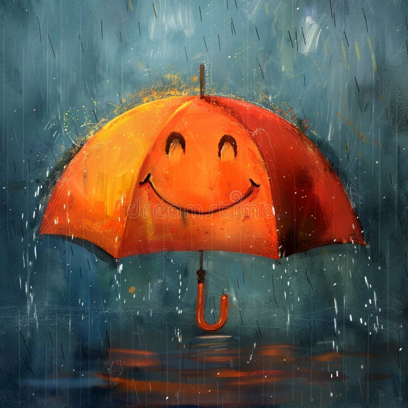 Smiley Face Holding Umbrella Shielding from Rain Stock Illustration ...