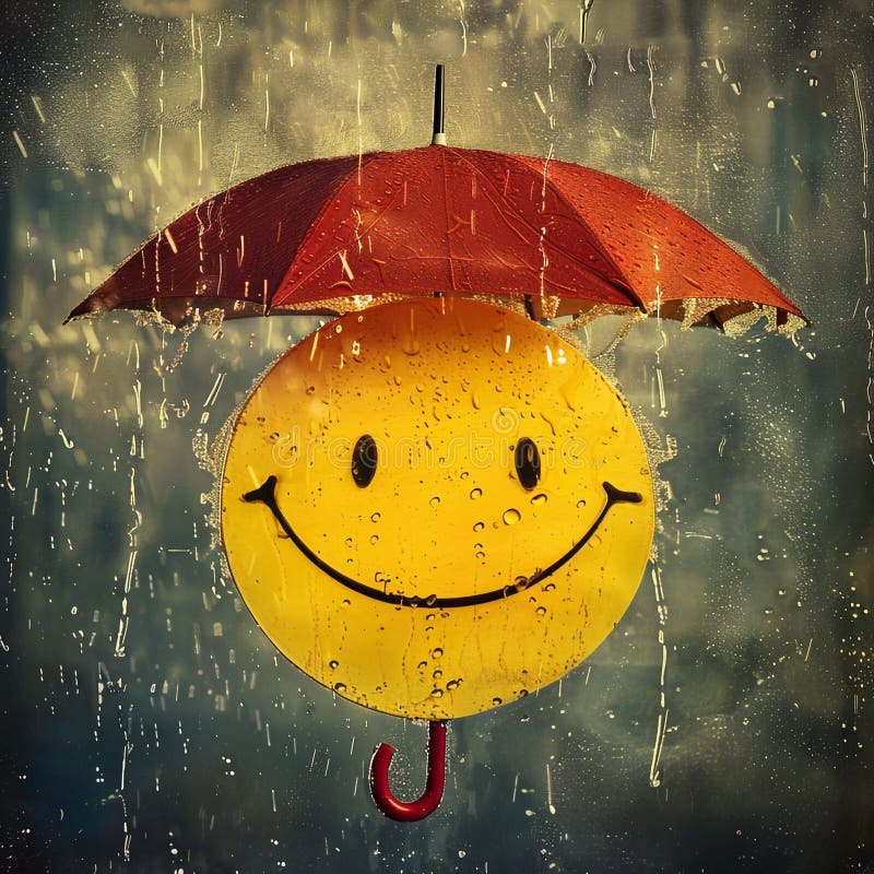 Smiley Face Holding Umbrella Shielding from Rain Stock Illustration ...