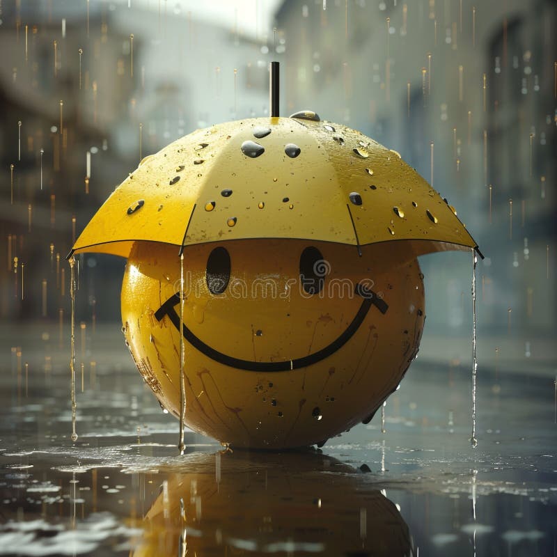 Smiley Face Holding Umbrella Shielding from Rain Stock Illustration ...