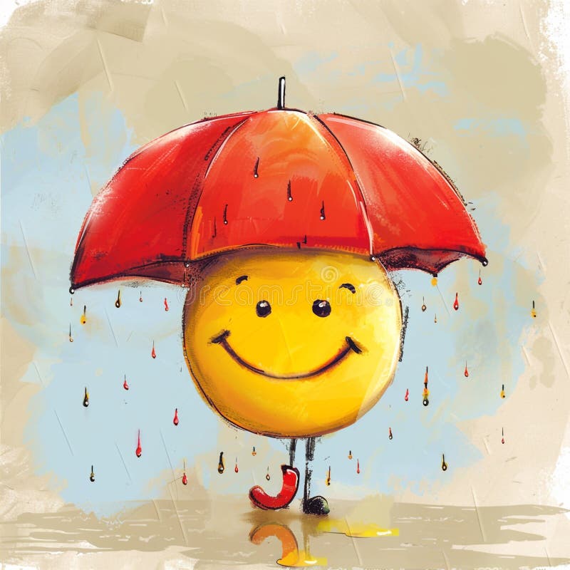 Smiley Face Holding Umbrella Shielding from Rain Stock Illustration ...